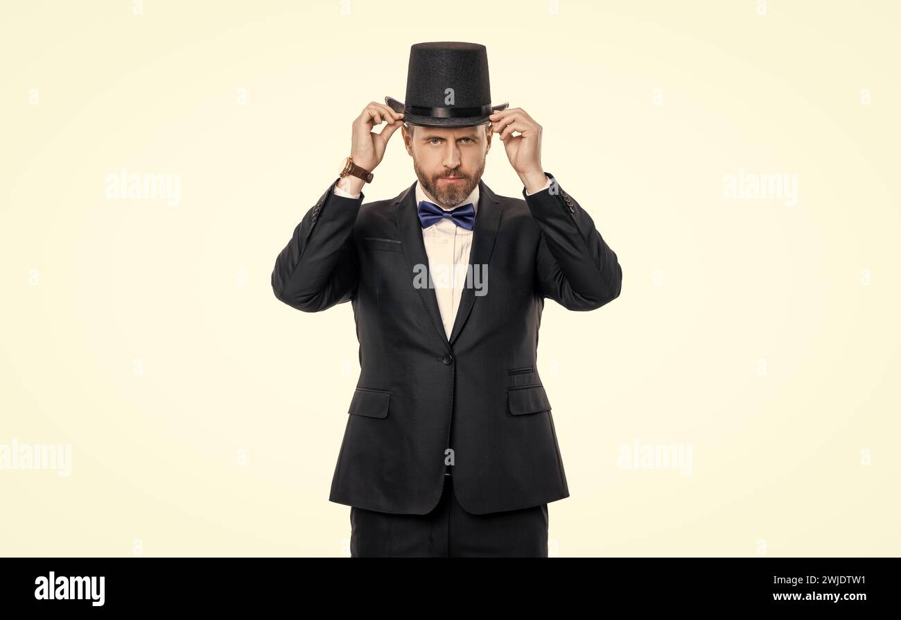 man presenter isolated on white background. presenter man with cylinder ...