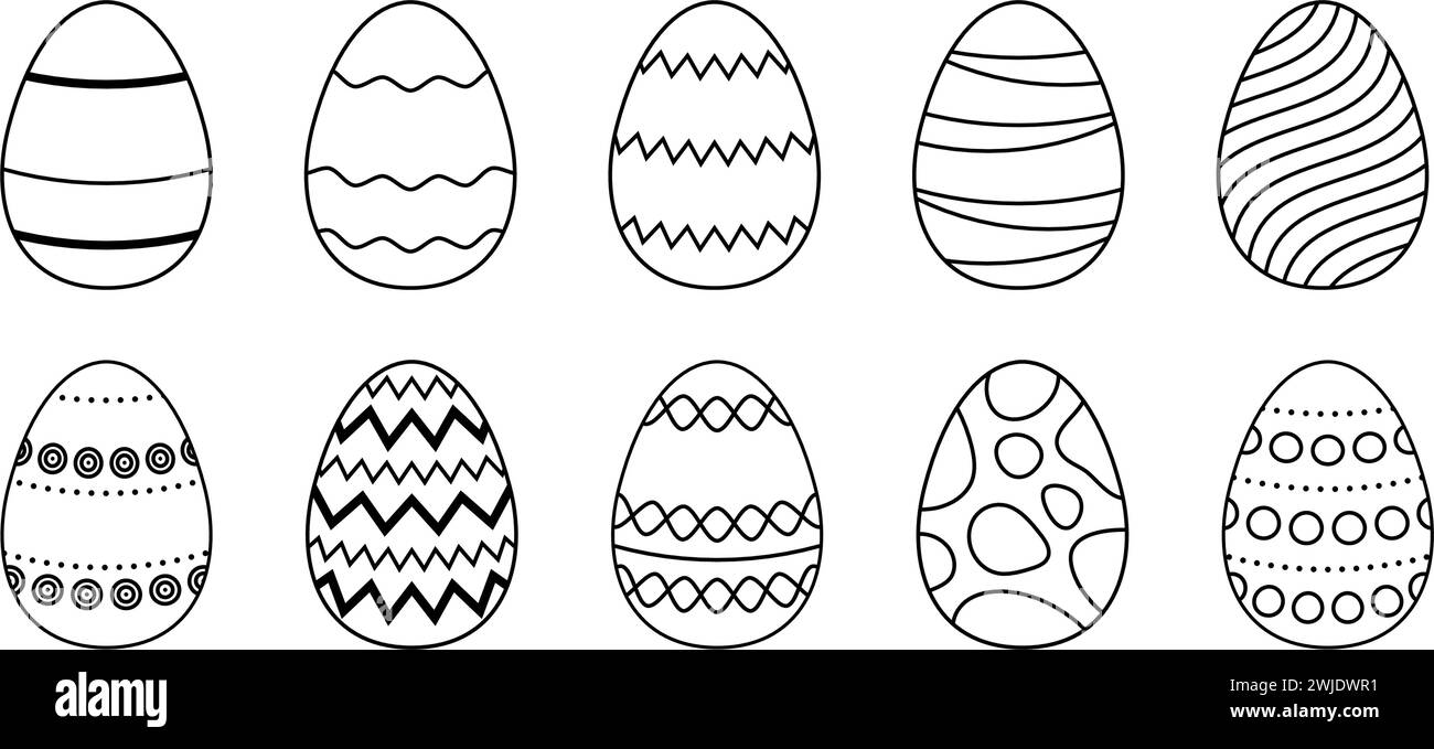 Black and white lines Easter eggs set. Spring linear egg icons with ...