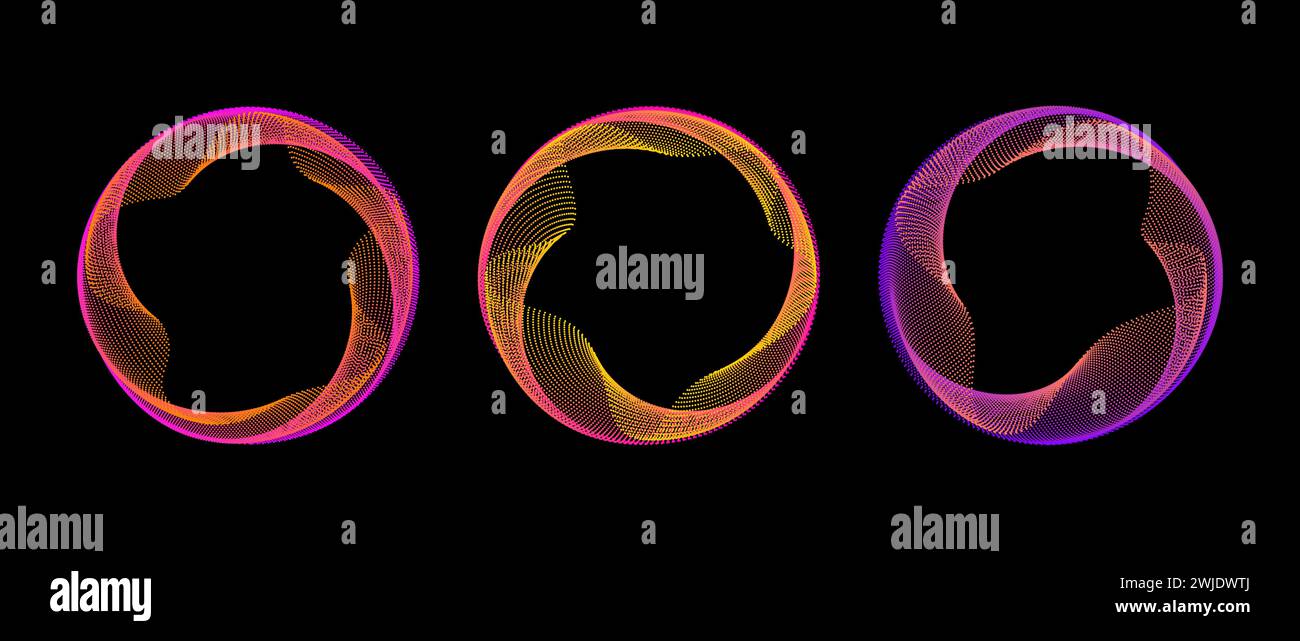 Neon gradient dotted circle set. Pink orange purple glowing round tech ...