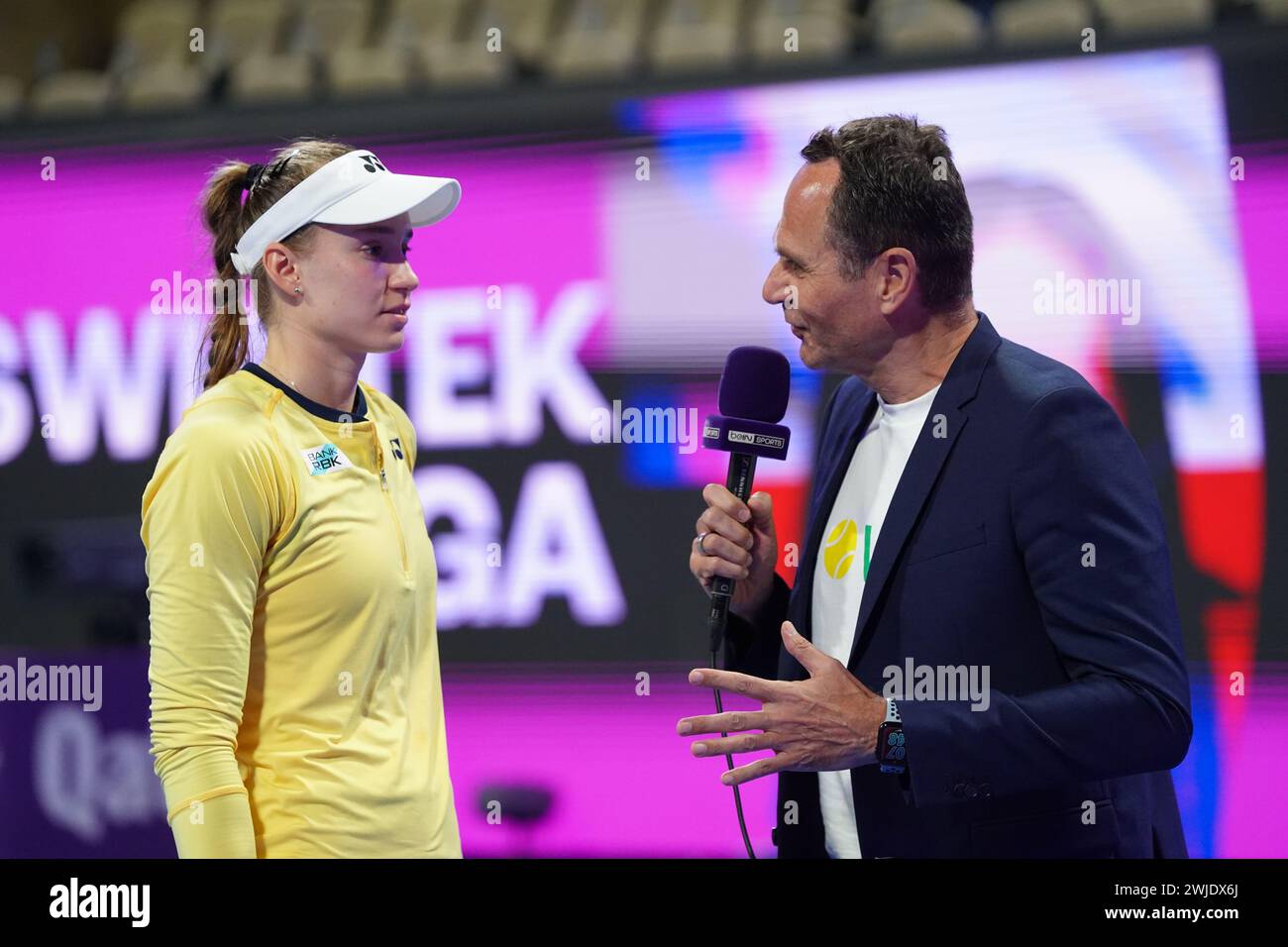 Elena Rybakina during a post-match interview by the court side after ...