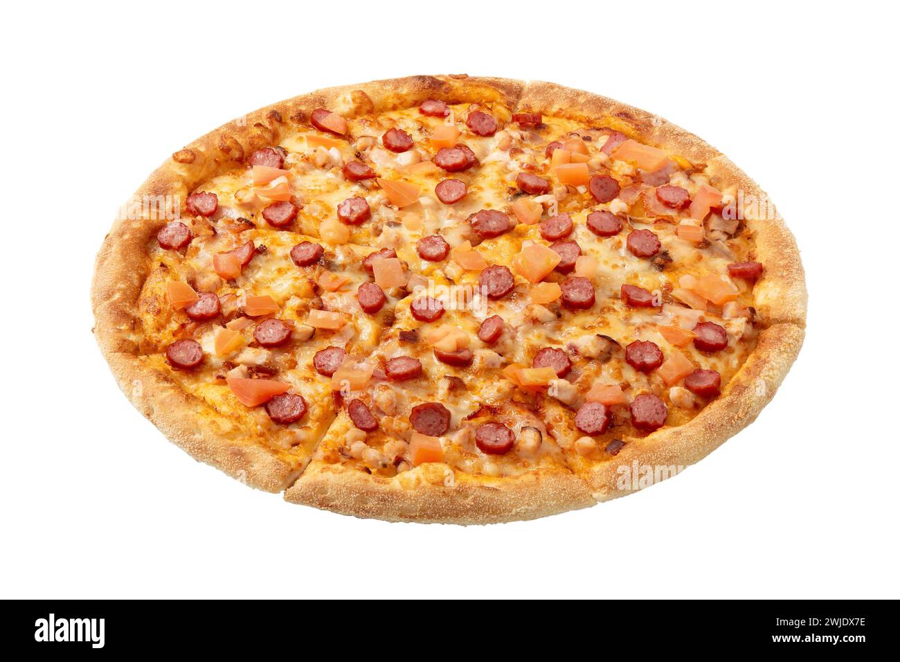Delicious classic italian Pizza with sausages, chicken, pepper and ...