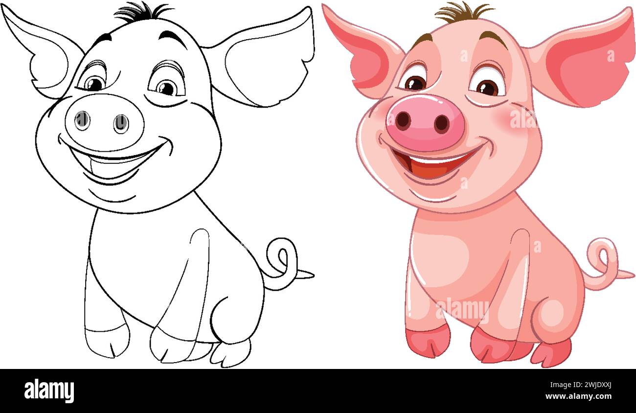 Black and white and colored pig illustrations side by side Stock Vector ...