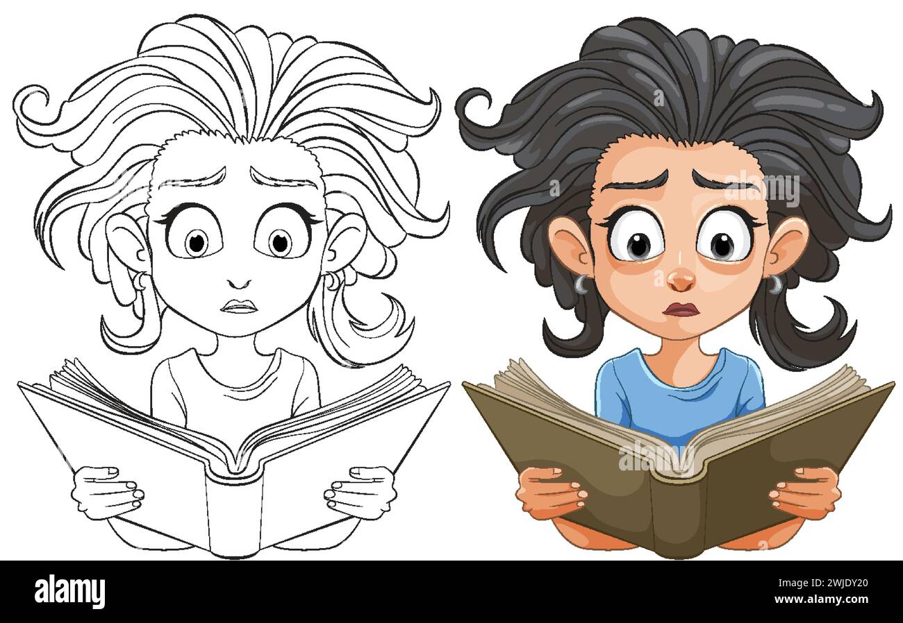 Two illustrations of a girl reading with a shocked expression Stock ...