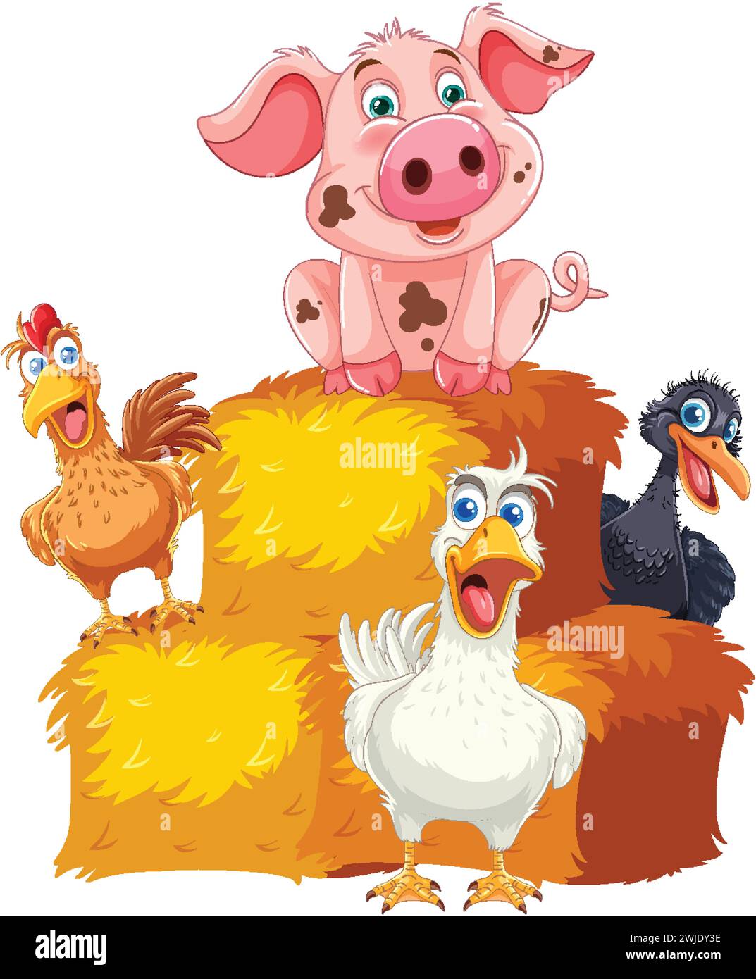 Colorful farm animals sitting on golden hay bales Stock Vector Image ...