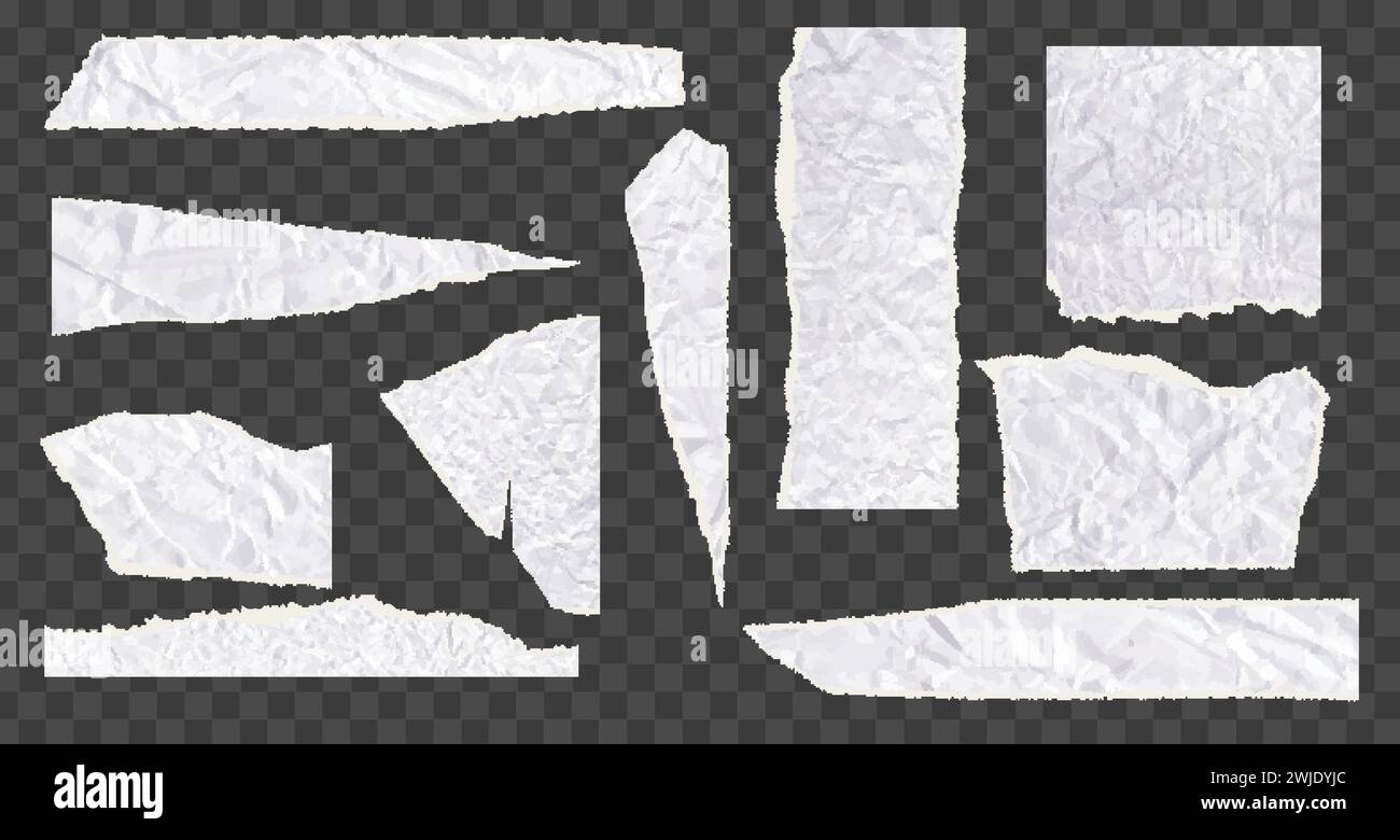 Set of torn paper pieces. White grunge jagged borders, corners and ...