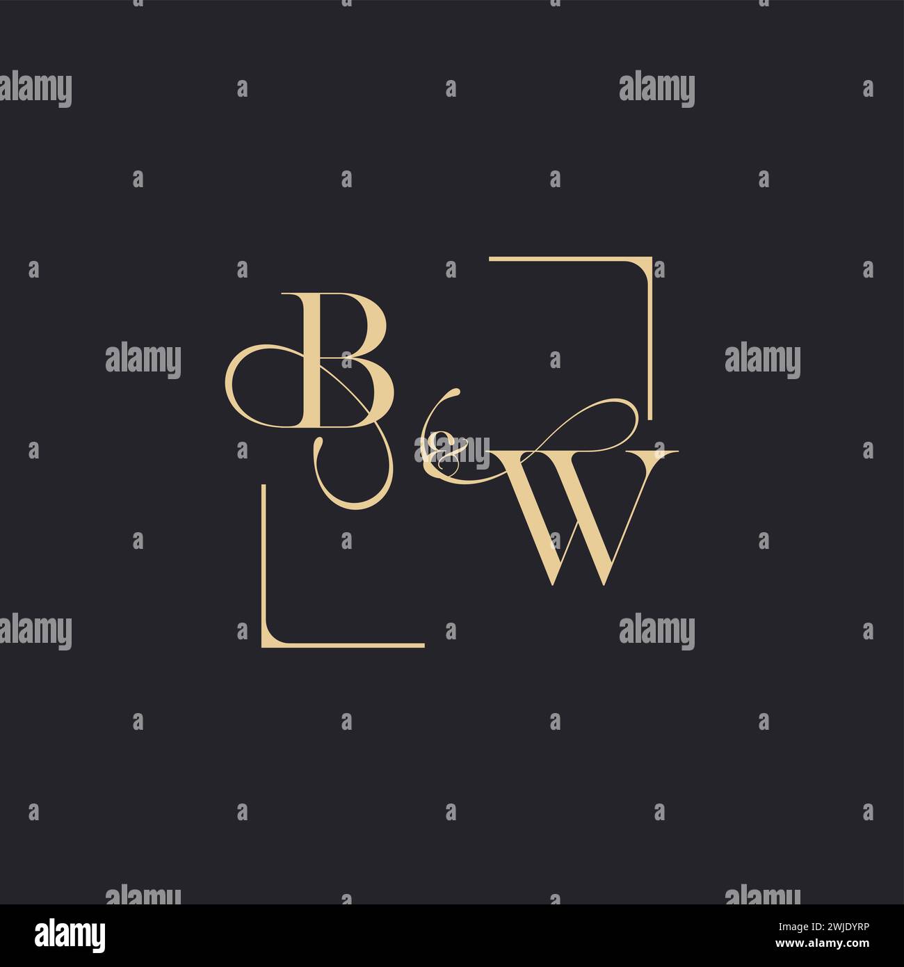 BW simple concept of wedding outline logo and square of initial design ...