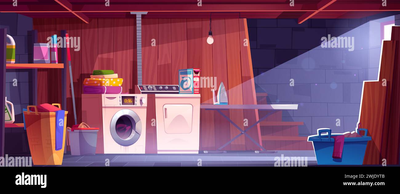 Basement laundry room interior. Vector cartoon illustration of cellar ...