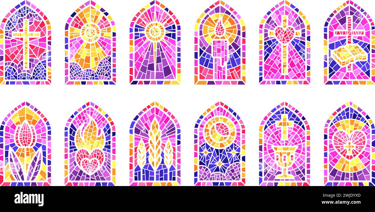 Church glass windows. Stained mosaic catholic frames with cross, book ...