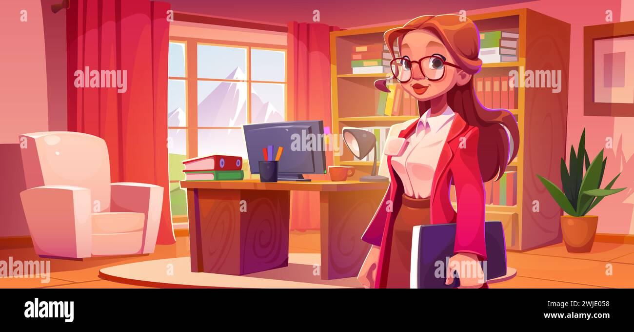 Business woman with paper documents standing in office room interior ...