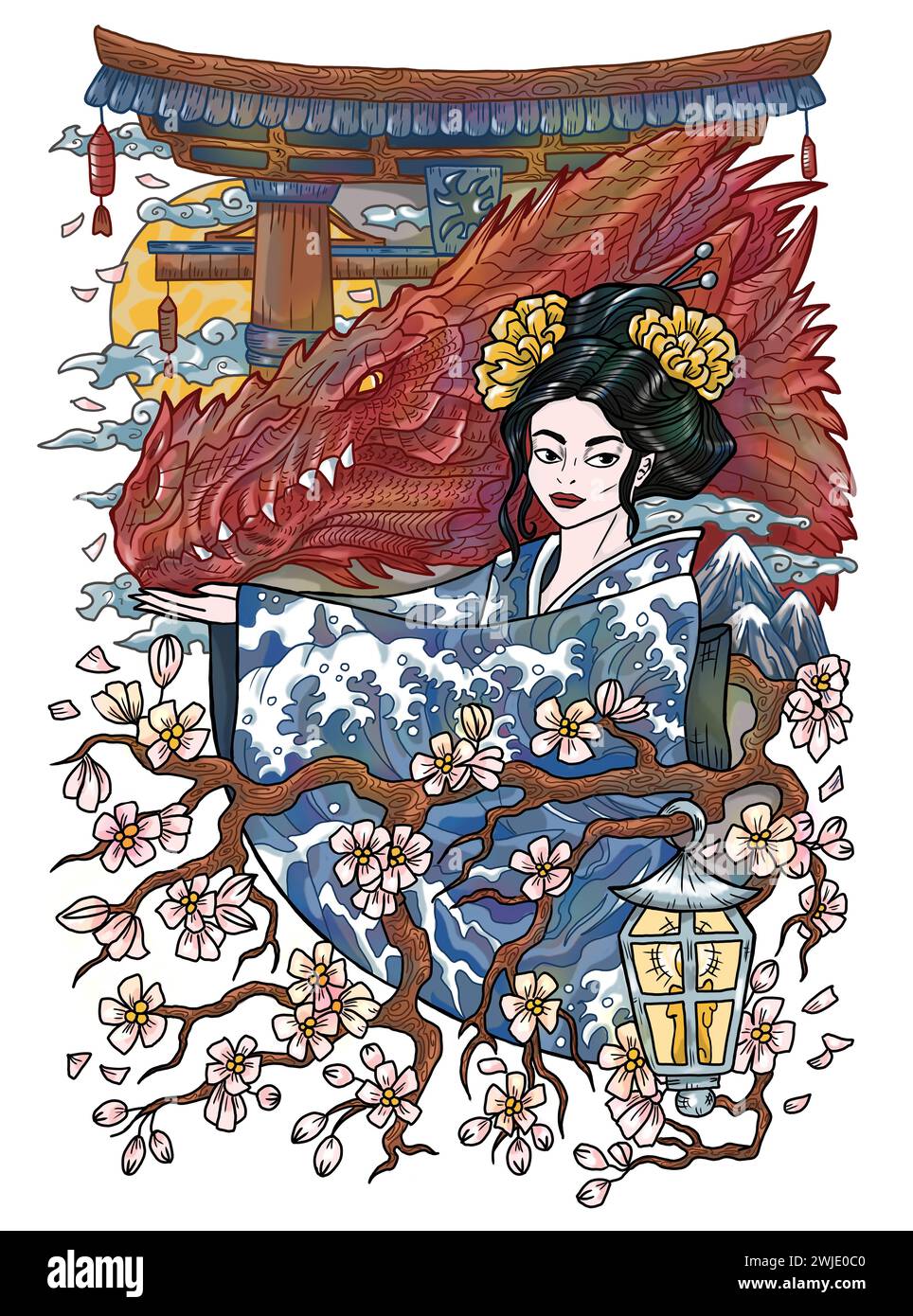 Fantasy engraved illustration with beautiful asian woman as witch or ...
