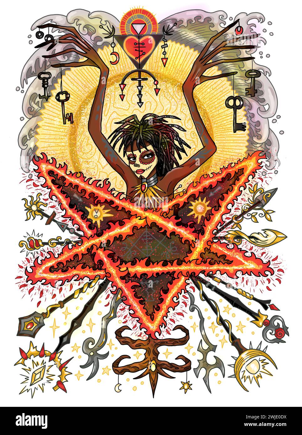Fantasy engraved illustration with beautiful african woman as witch or ...