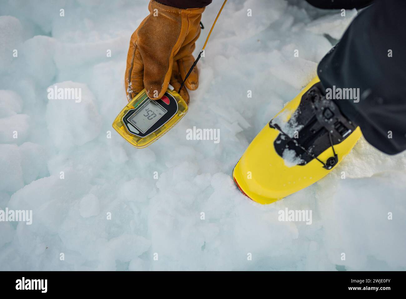 Person holding a modern avalanche beacon in his hands. Off piste skier ...