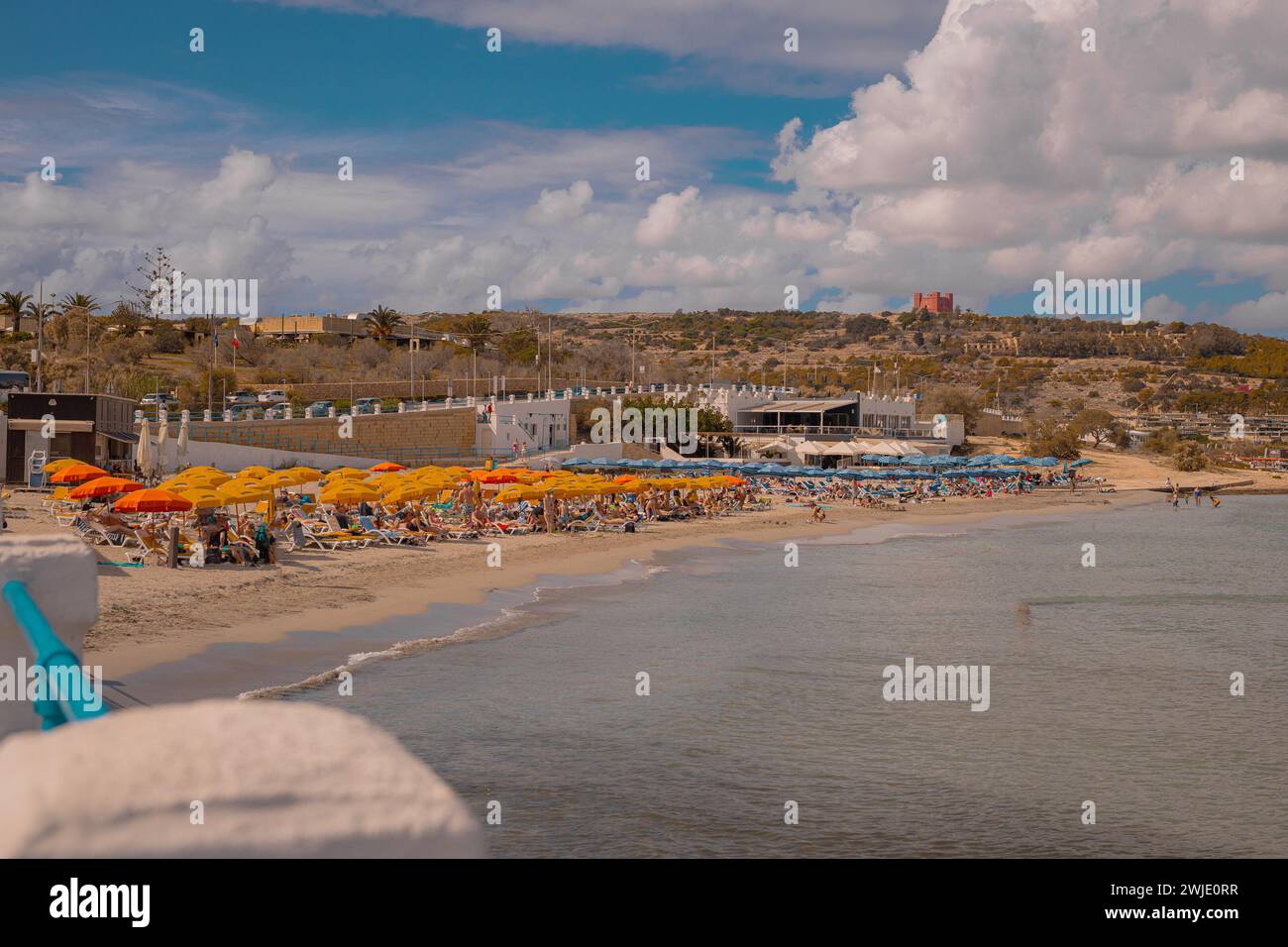 Beautiful Ghadira beach on island of Malta on a sunny day. Visible ...