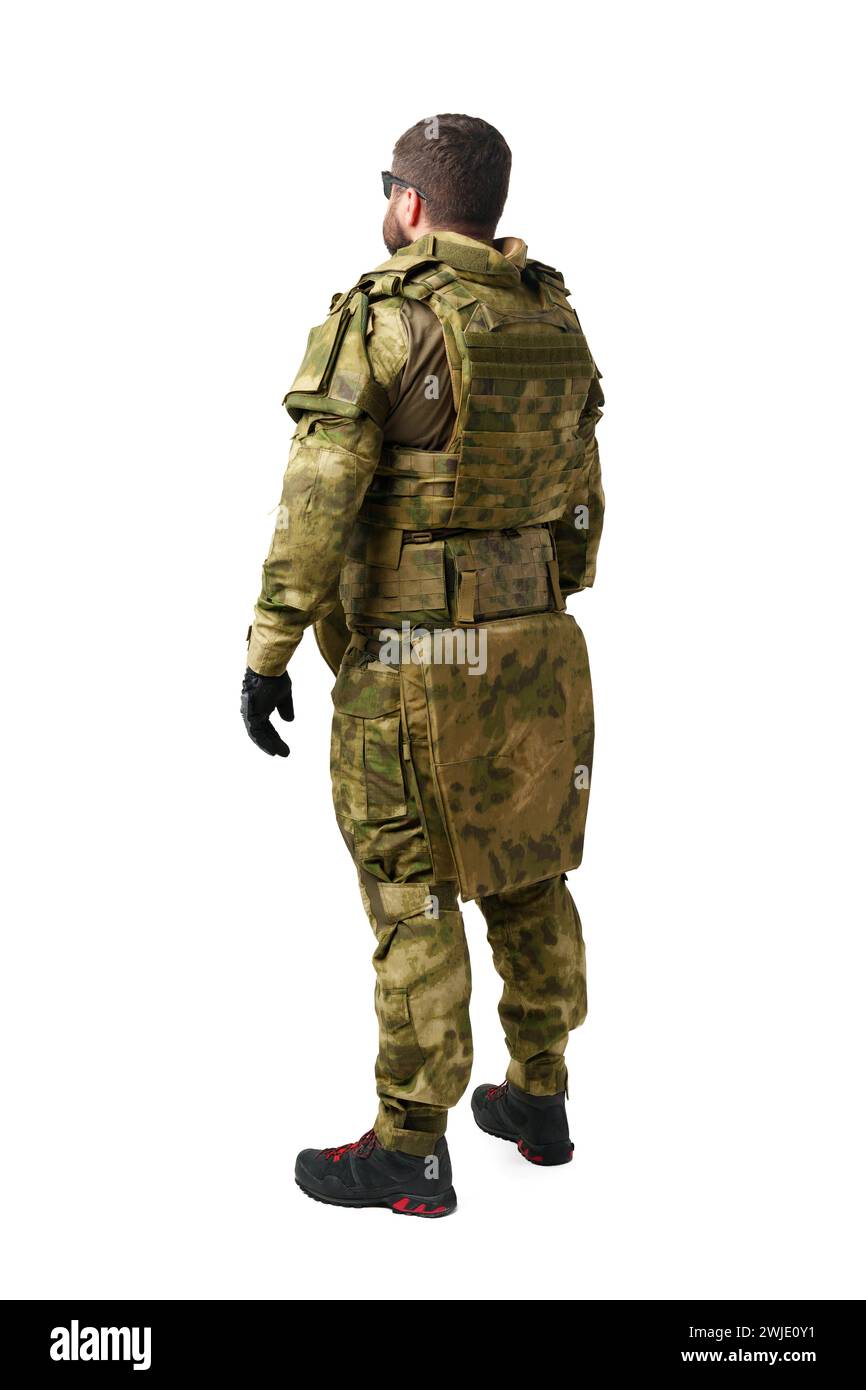 Back view of male soldier in military uniform isolated on white ...