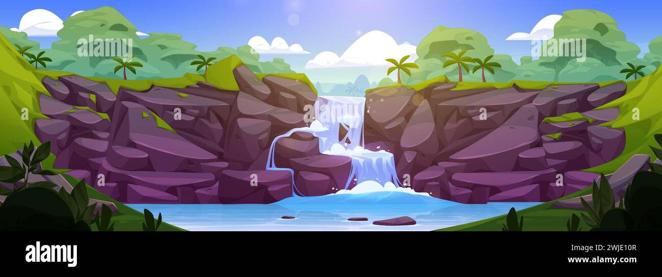 Jungle waterfall landscape. Vector cartoon illustration of river ...