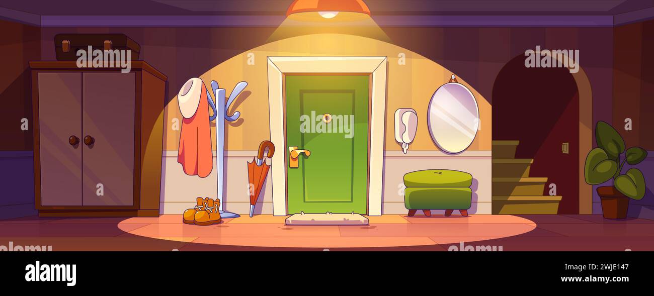 House hallway interior with entrance door, clothes and shoes, suitcase ...