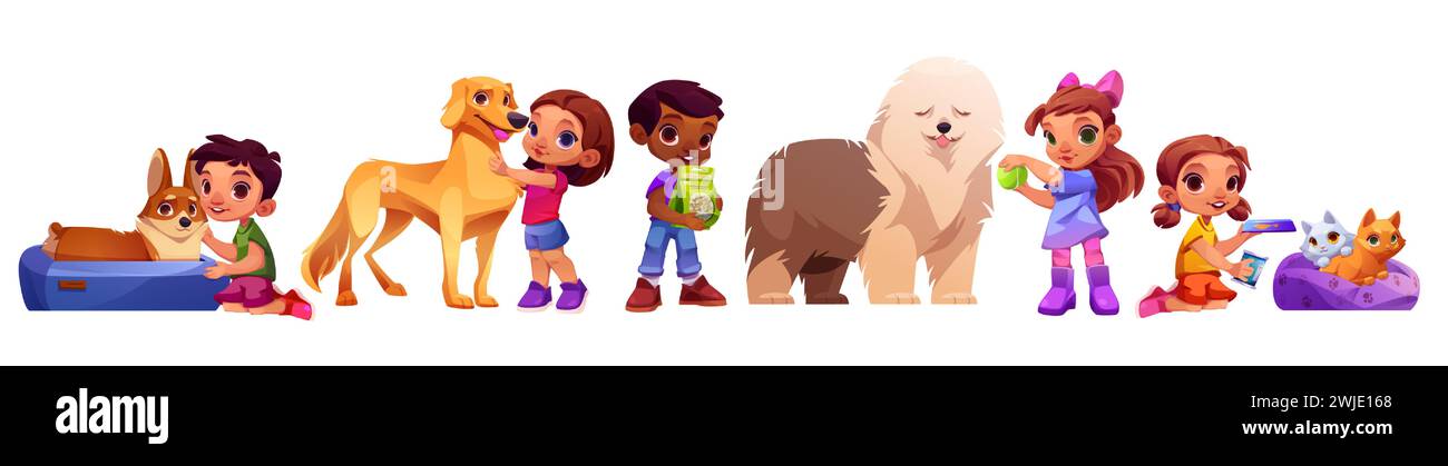 Children taking care of pets on white background. Vector cartoon ...