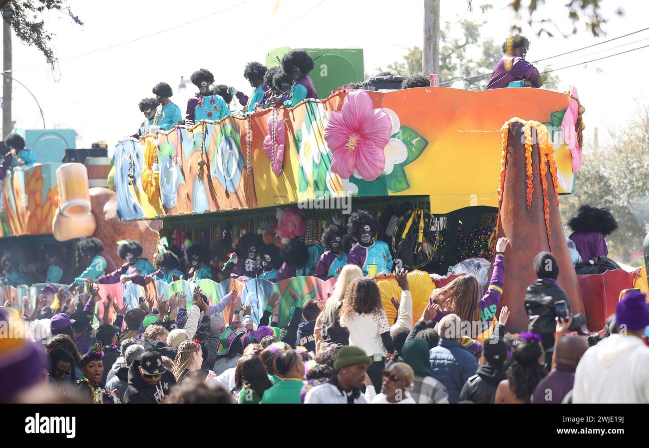 New Orleans, USA. 13th Feb, 2024. A float with an erupted Volcano float ...