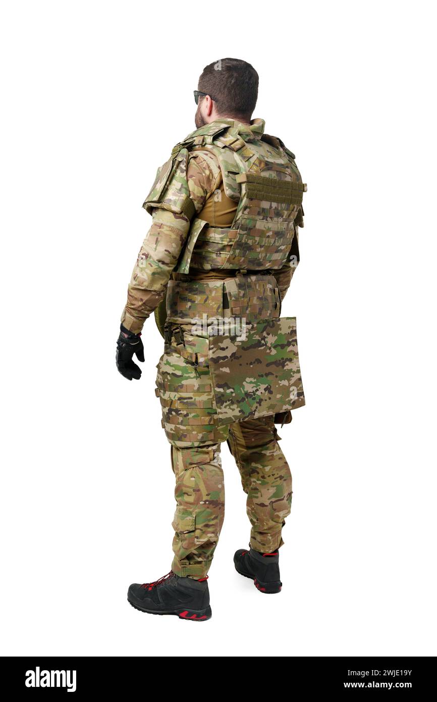 Back view of male soldier in military uniform isolated on white ...