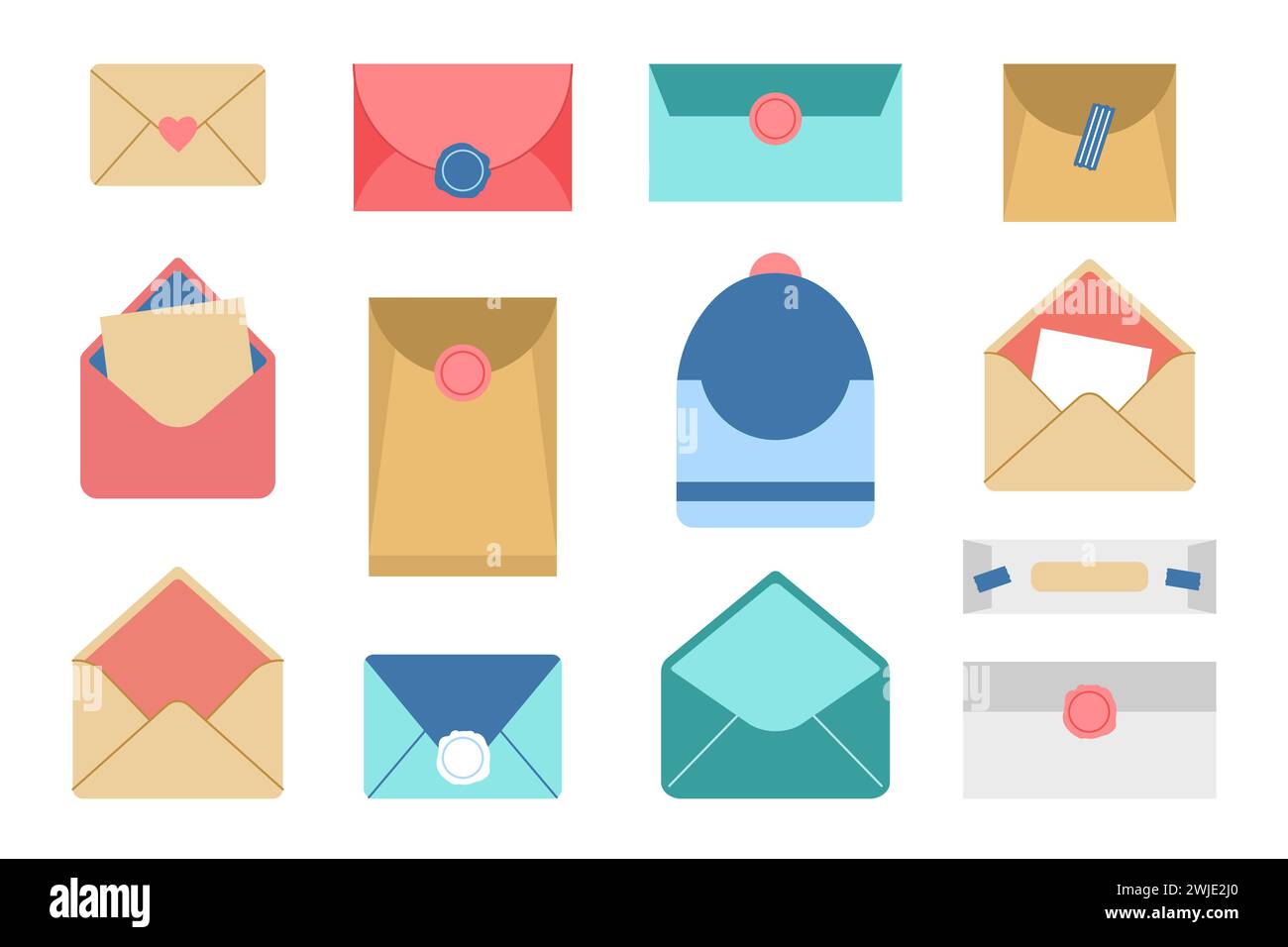 Romantic letters post collection. Flat design. Hand drawn Envelops set ...