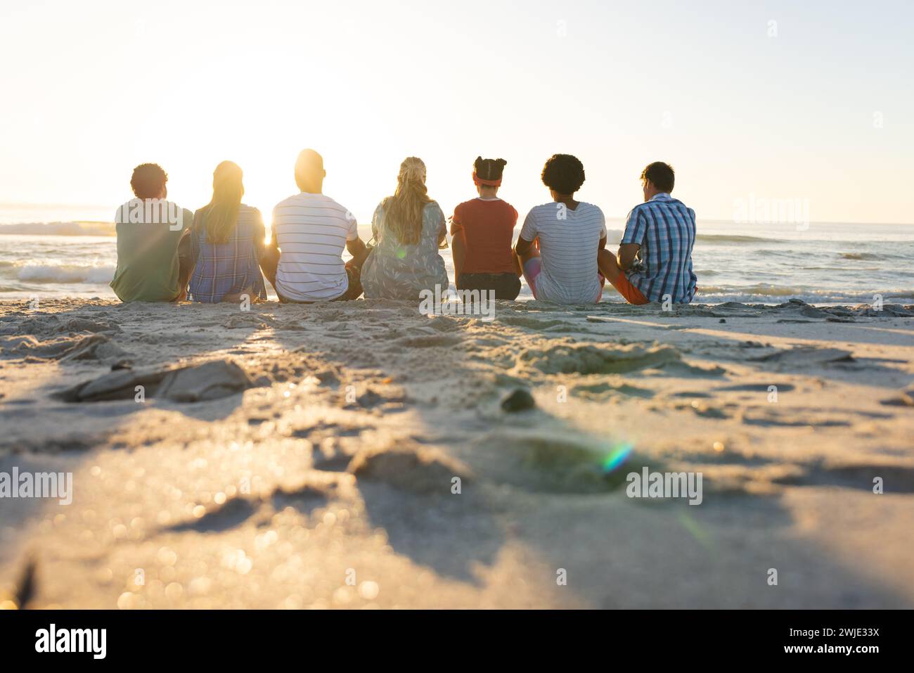 Diverse group of friends sitting on the beach, with copy space Stock ...