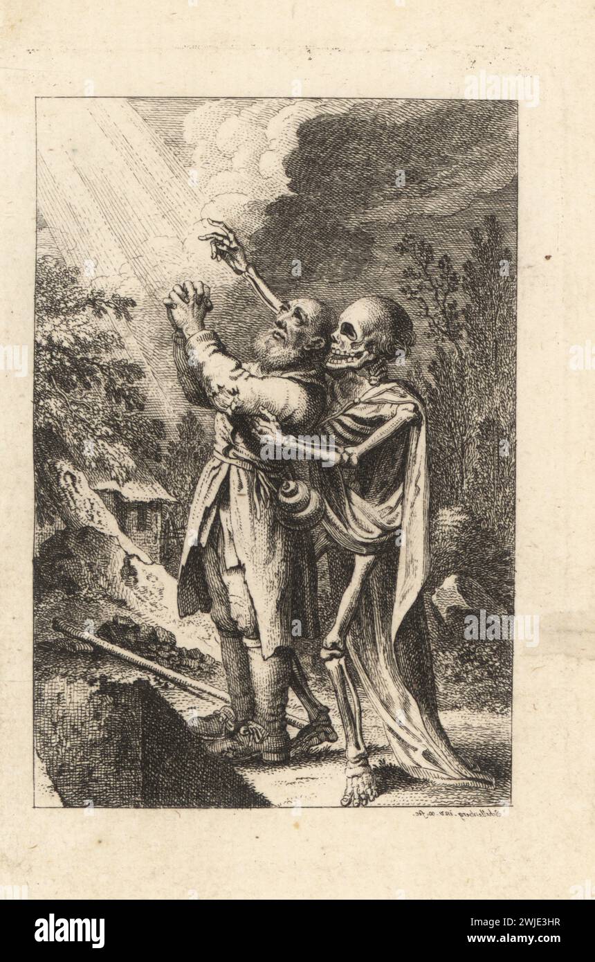 The skeleton of Death embraces a poor man, 18th century. Death points a ...