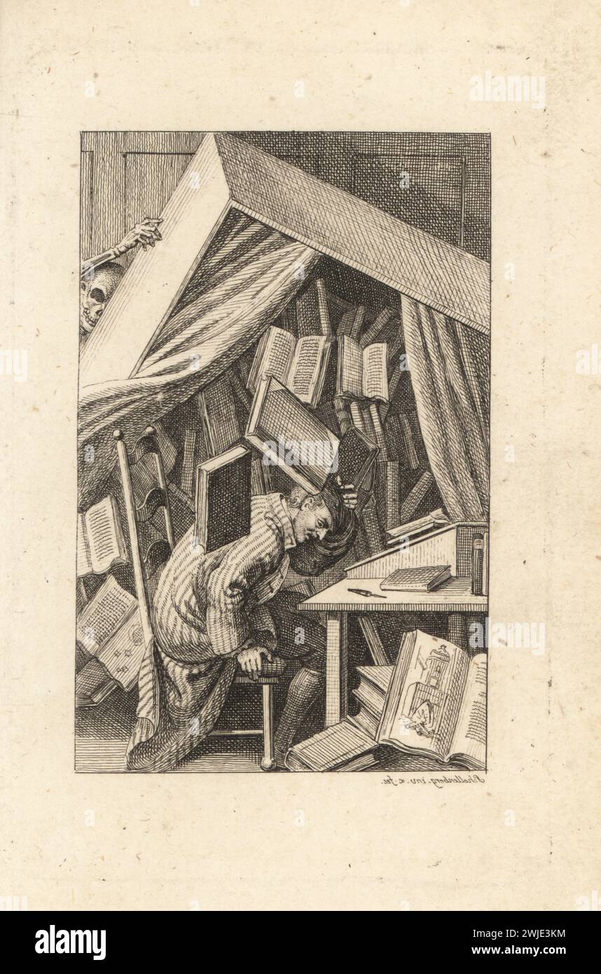 The skeleton of Death pushing a bookcase on top of a bookseller at his ...