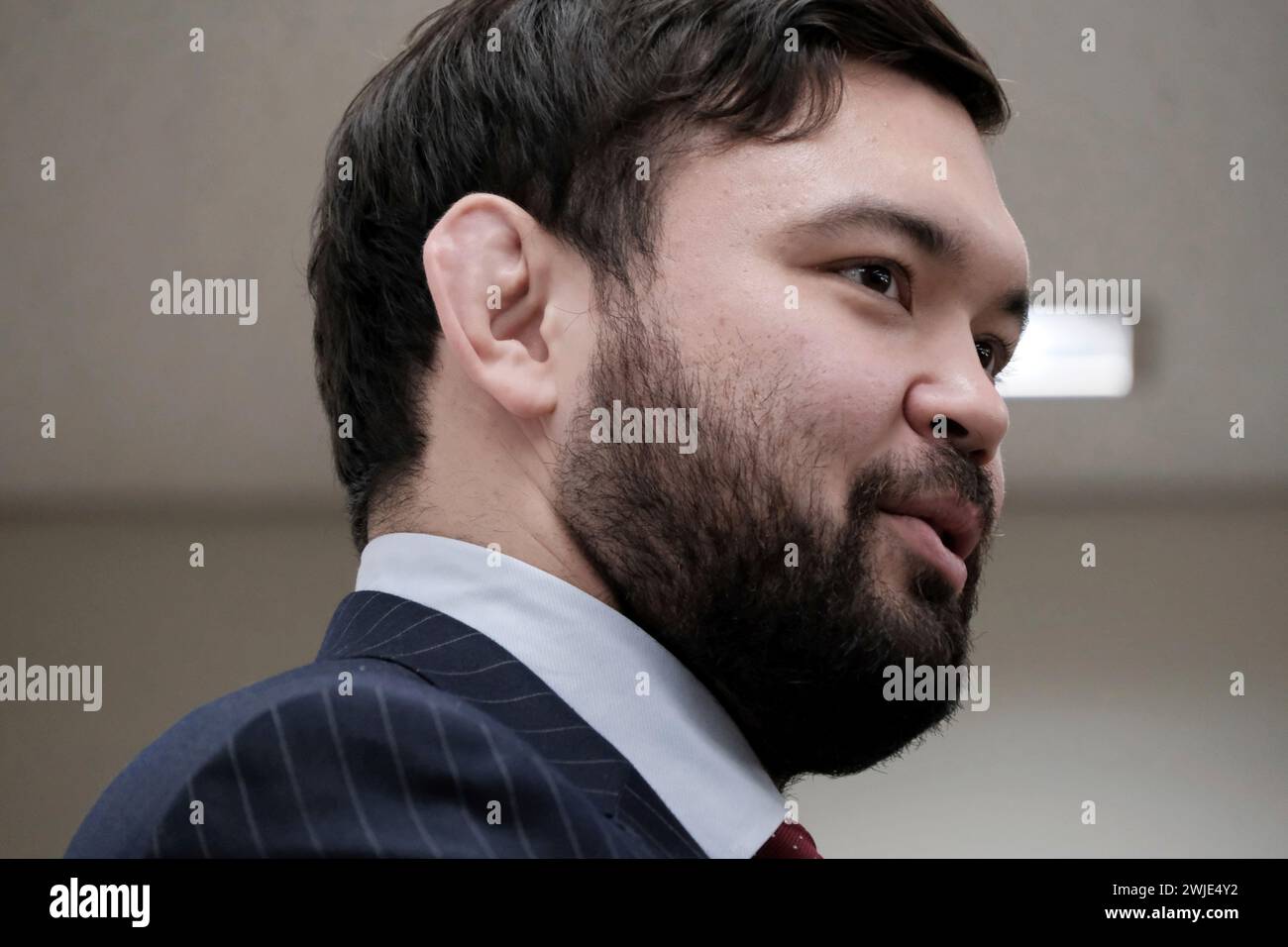 Japanese Judoka Aaron Wolf speaks to media in Tokyo on Feb. 15, 2024 ...