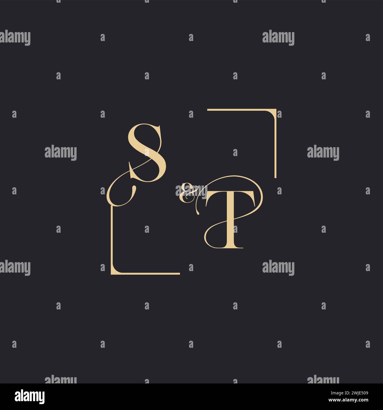 ST simple concept of wedding outline logo and square of initial design gold in white background ...