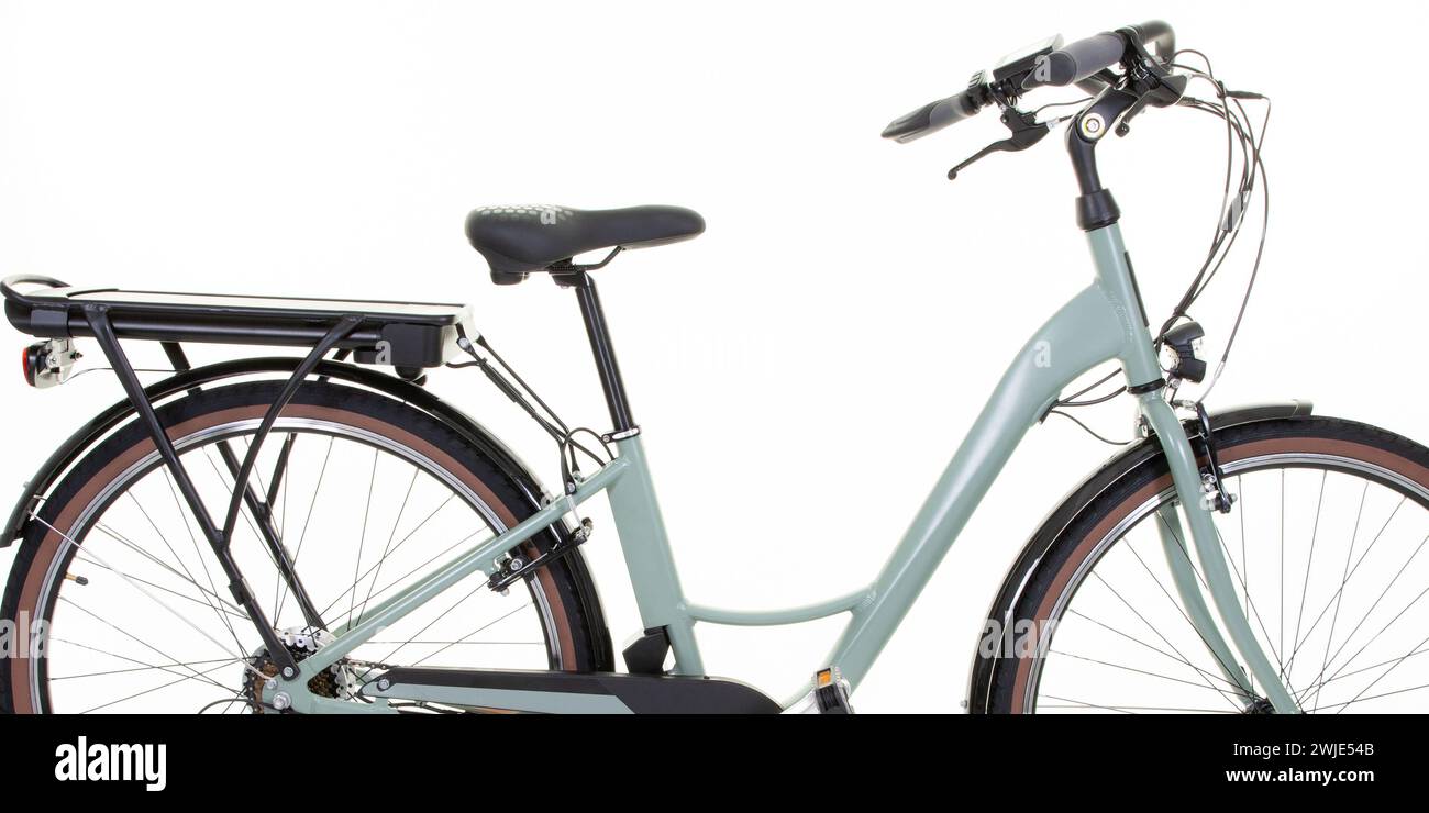 Electric bike side view bicycle on white background Stock Photo - Alamy