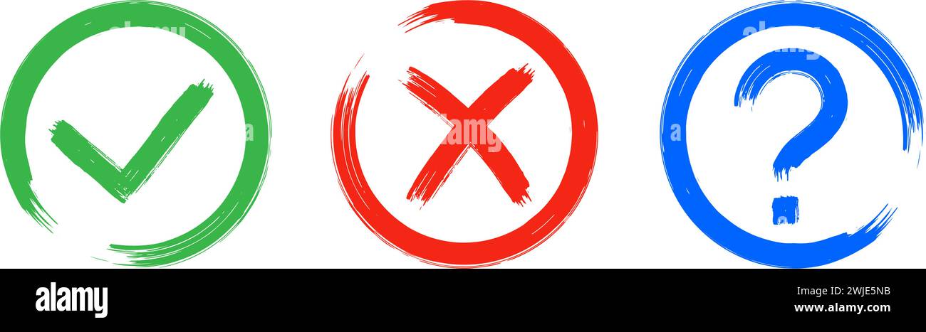 Dirty grunge cross x, tick OK and question check marks in check boxes ...