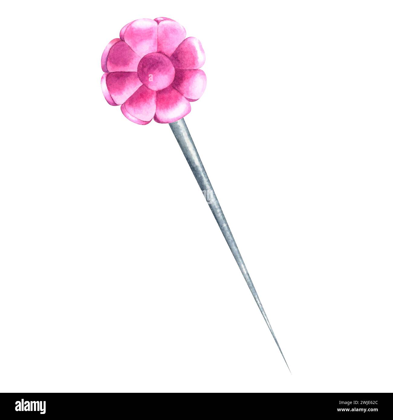Sewing pin, pink, flower-shaped. Hand drawn watercolor illustration ...