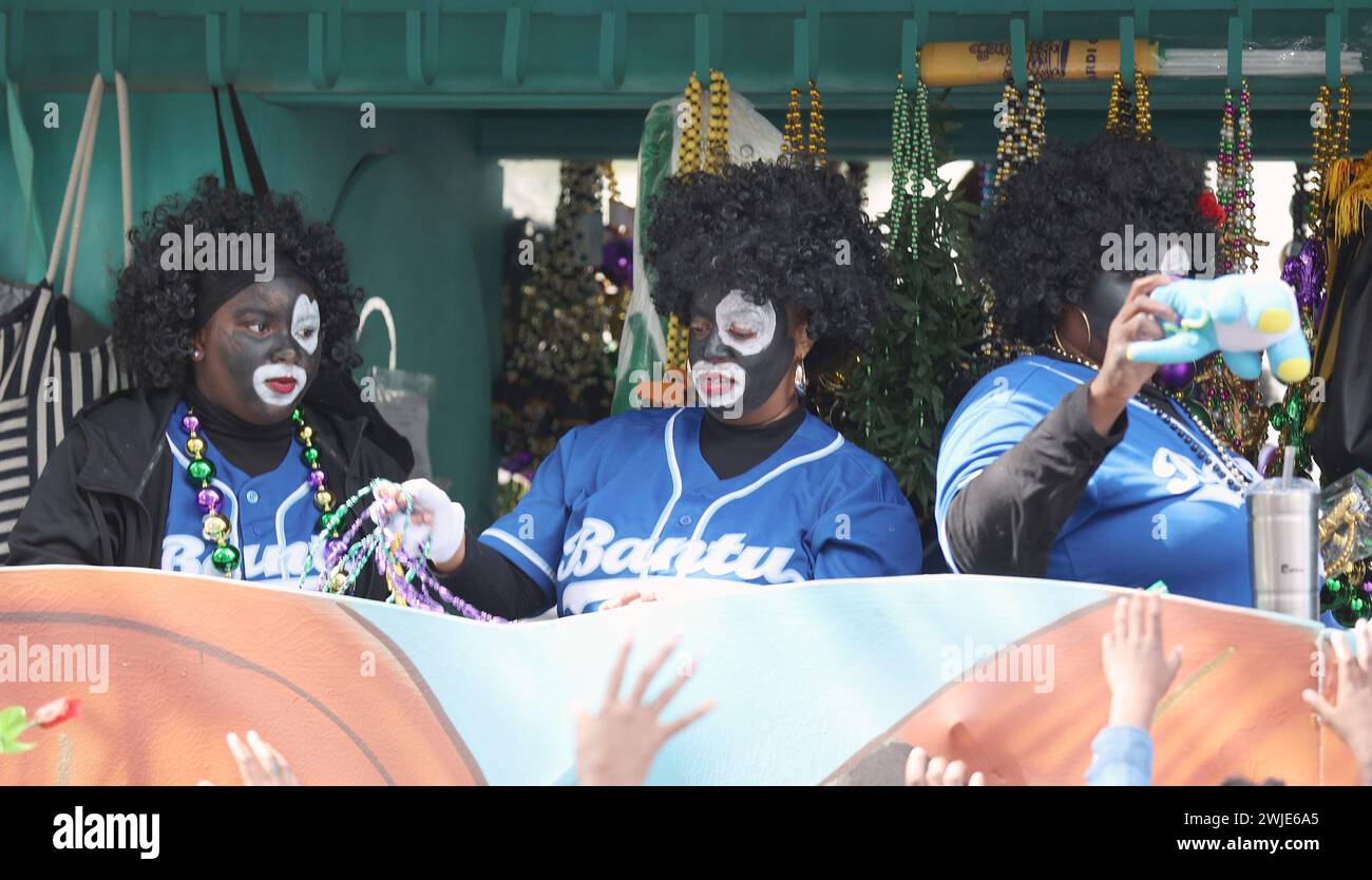 New Orleans, USA. 13th Feb, 2024. Members of the Bantu float get ready ...