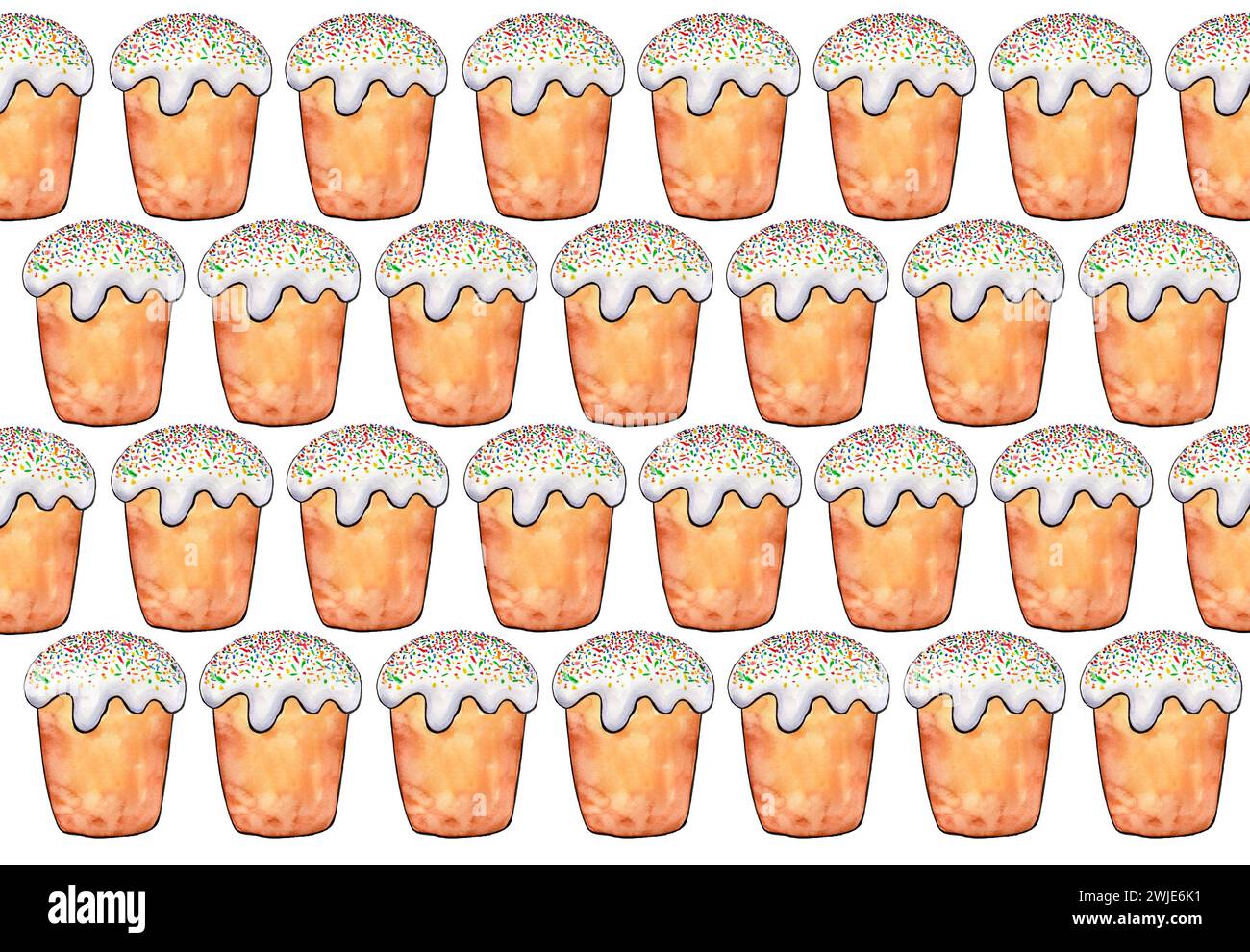 Easter cupcakes pattern. Watercolor drawing. Cupcakes are covered with ...