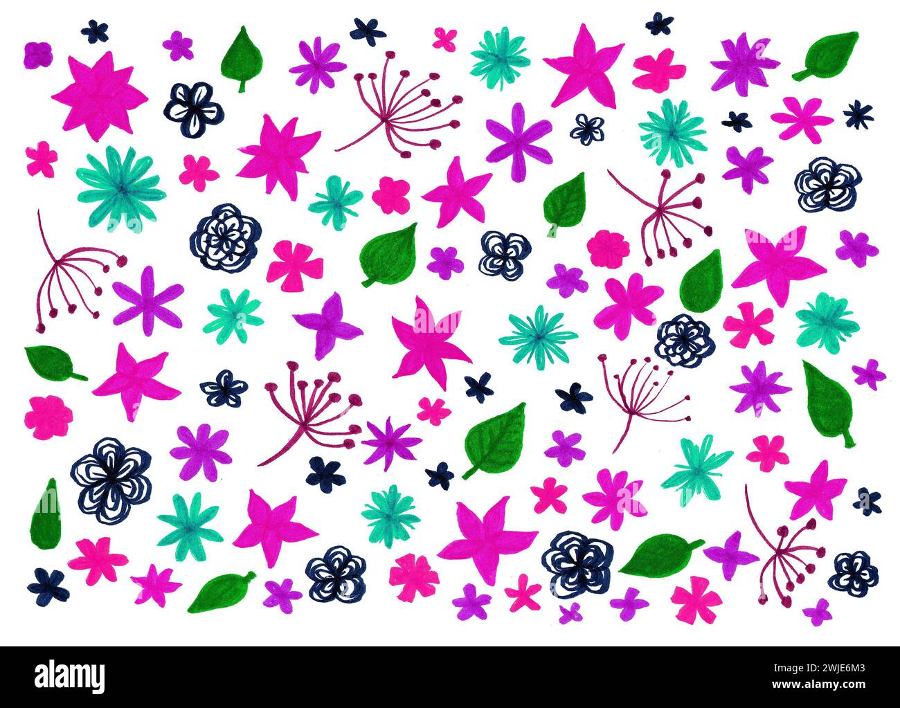 The white background is filled with colorful flowers and leaves ...