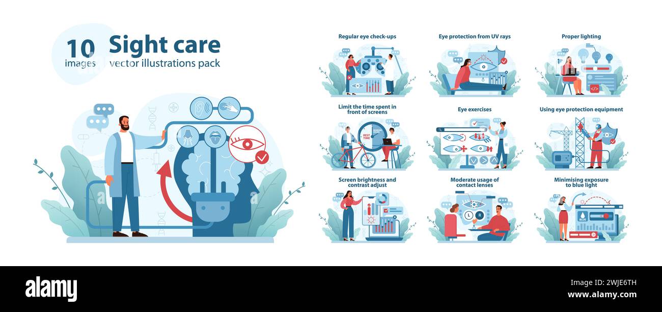 Sight Care Vector Set. Comprehensive eye health guidance with icons for ...