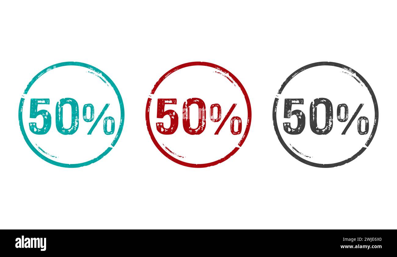 50% 50 percent stamp icons in few color versions. Fifty percentage ...