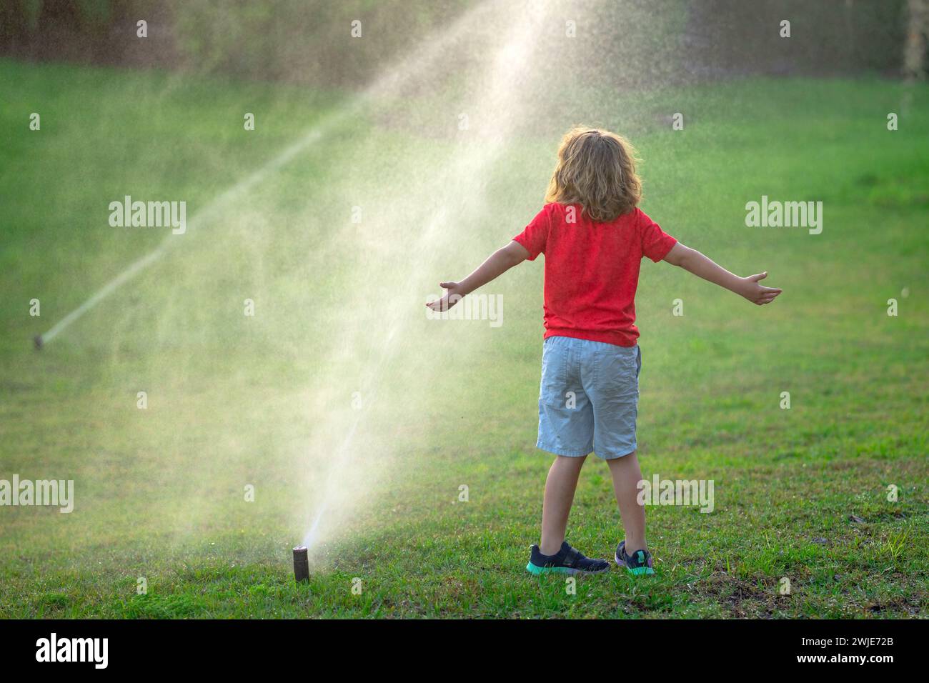 Cute little kid play in garden at summer day. Child enjoy summer in ...