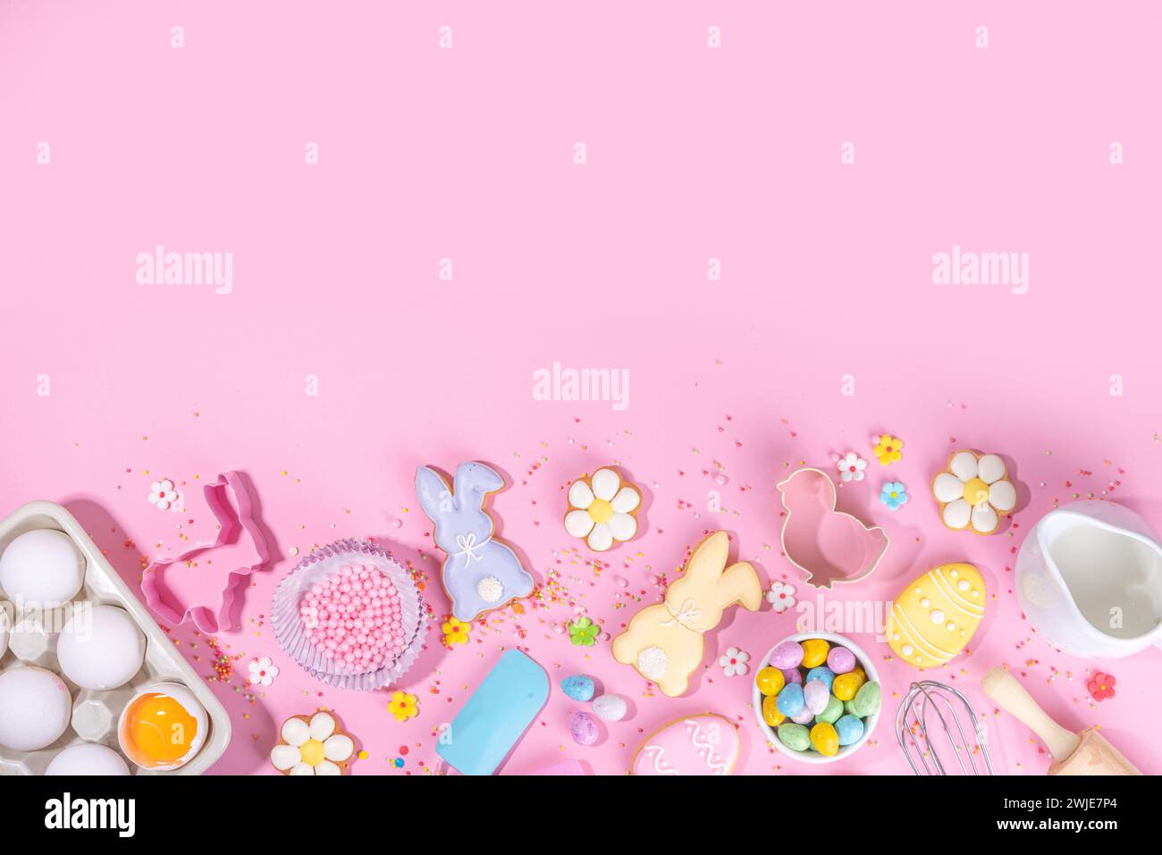 Cute pink sweet baking flat lay for Easter holiday. Cooking background ...