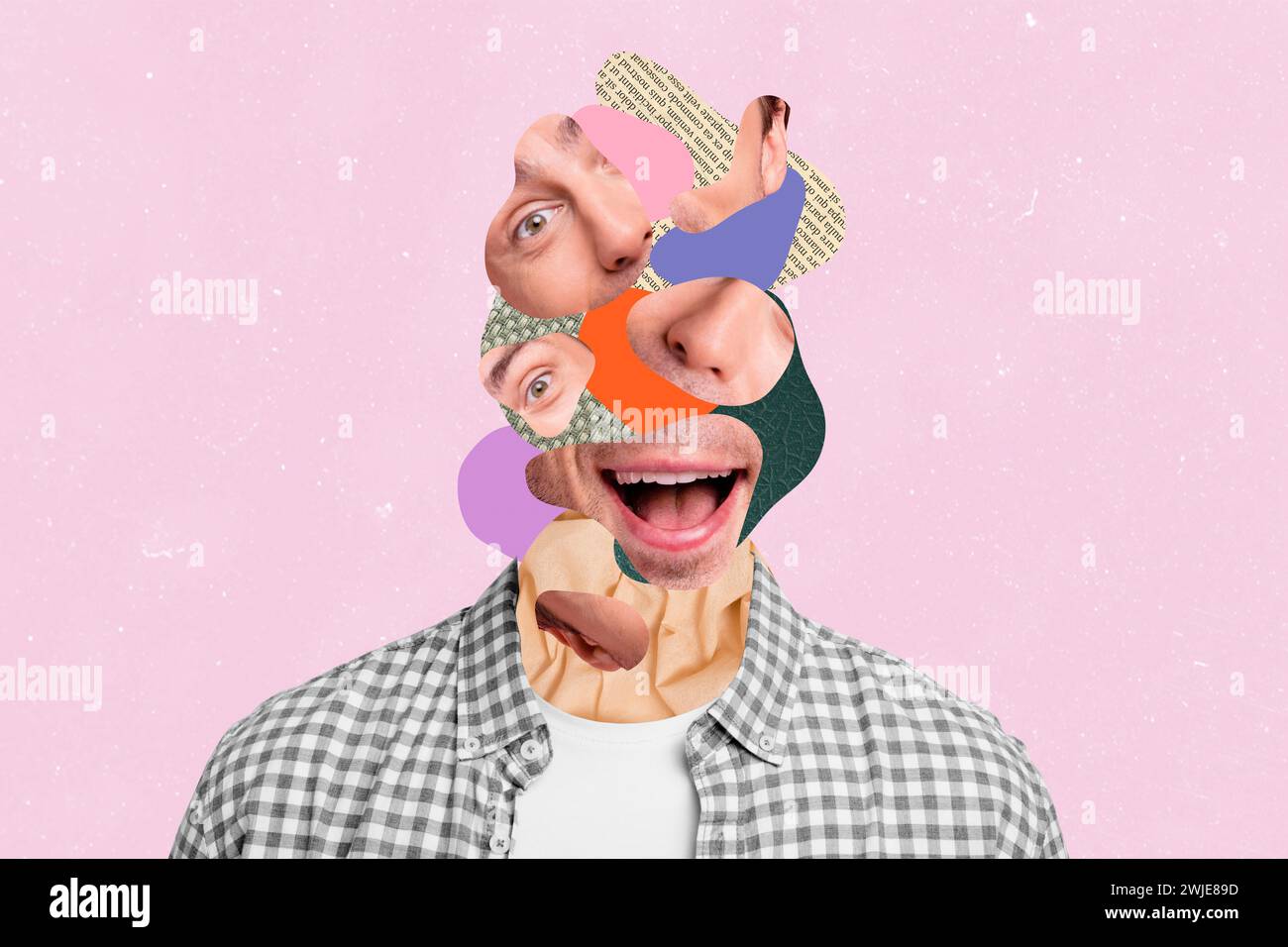 Bizarre strange creative poster collage of funky guy with multiple head ...