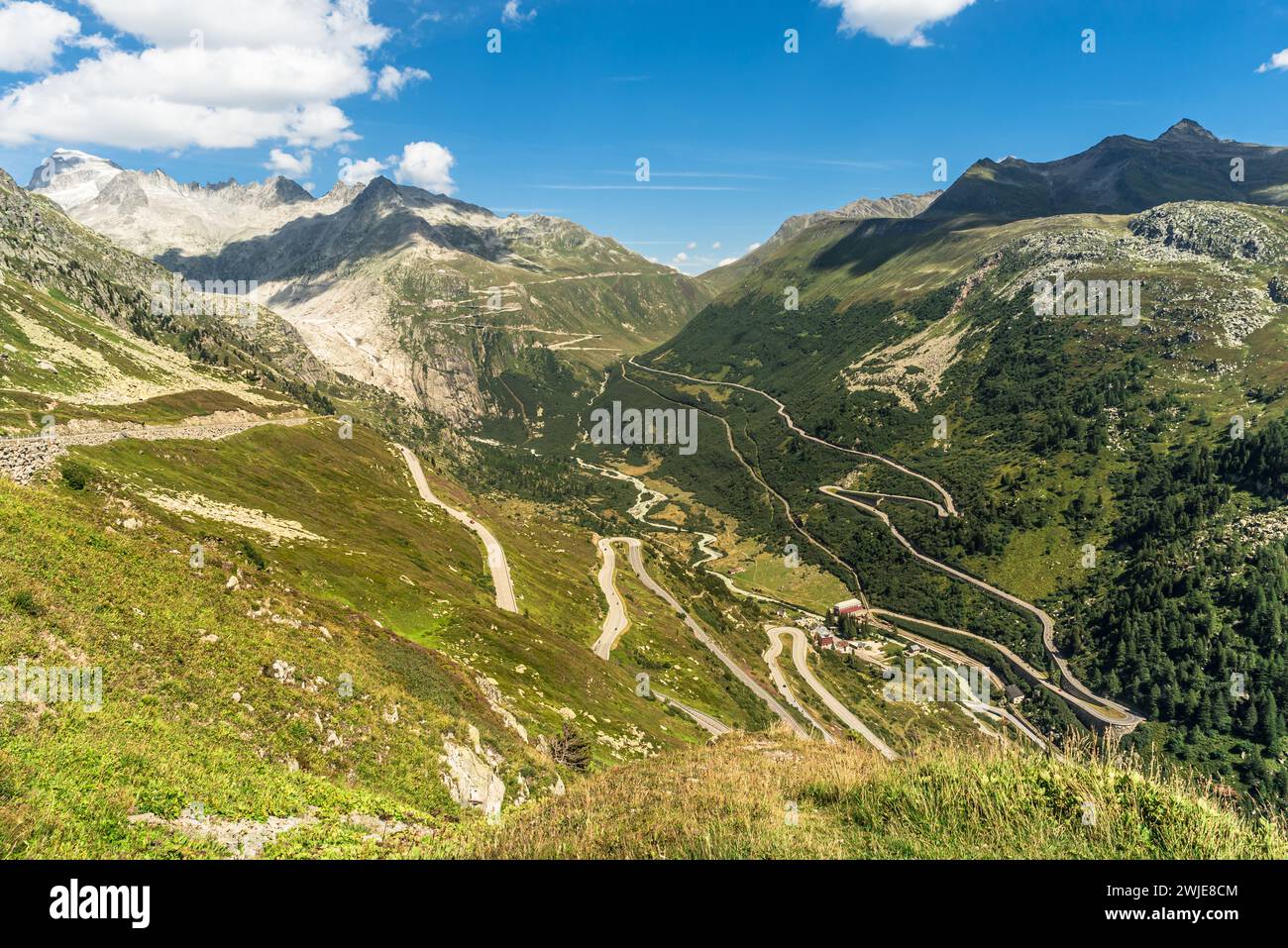 Serpentines of the Grimsel and Furka Pass roads, view of the village of ...
