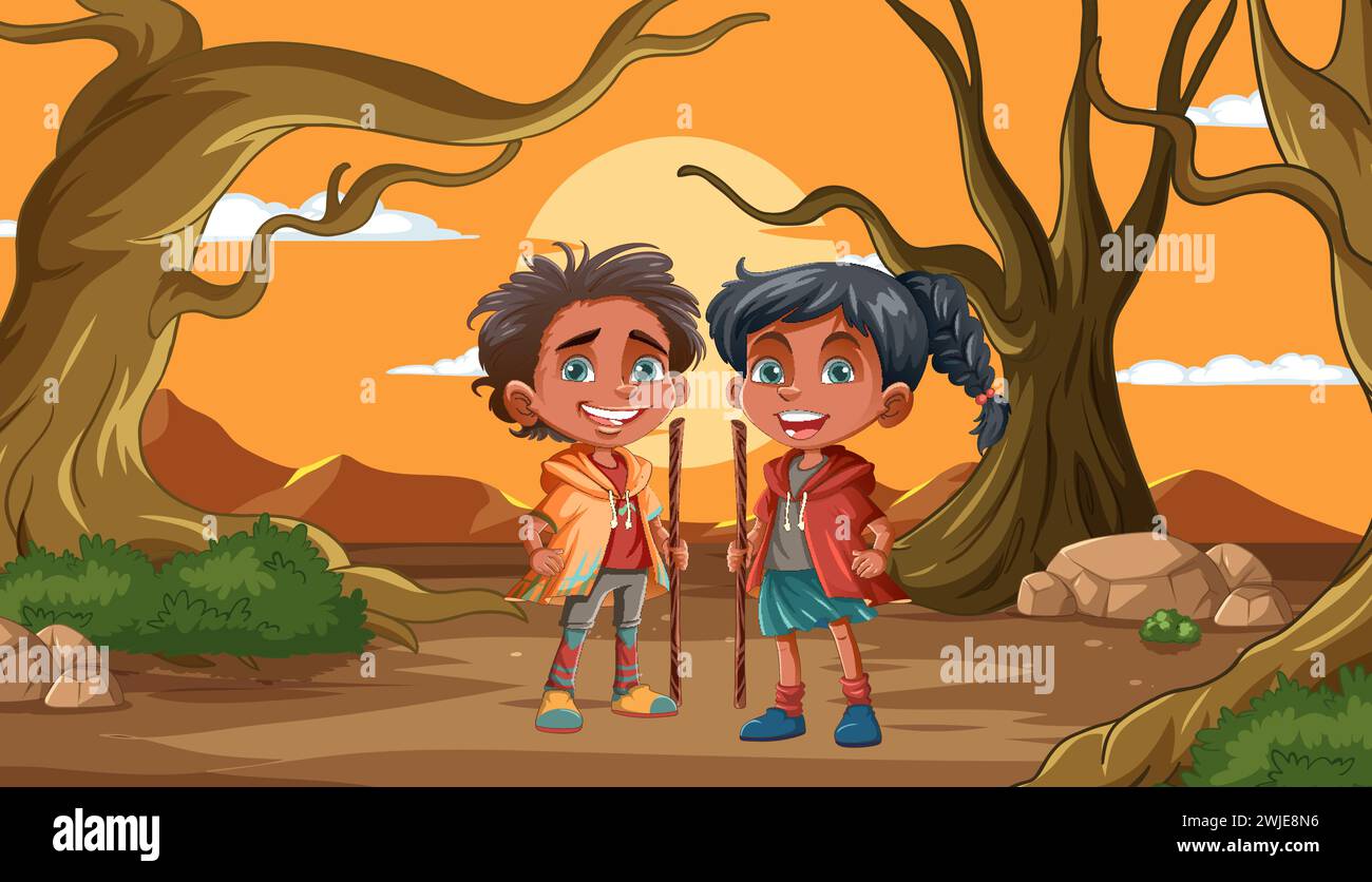 Cartoon Kids With Sticks Walking In A Forest Stock Vector Image Art