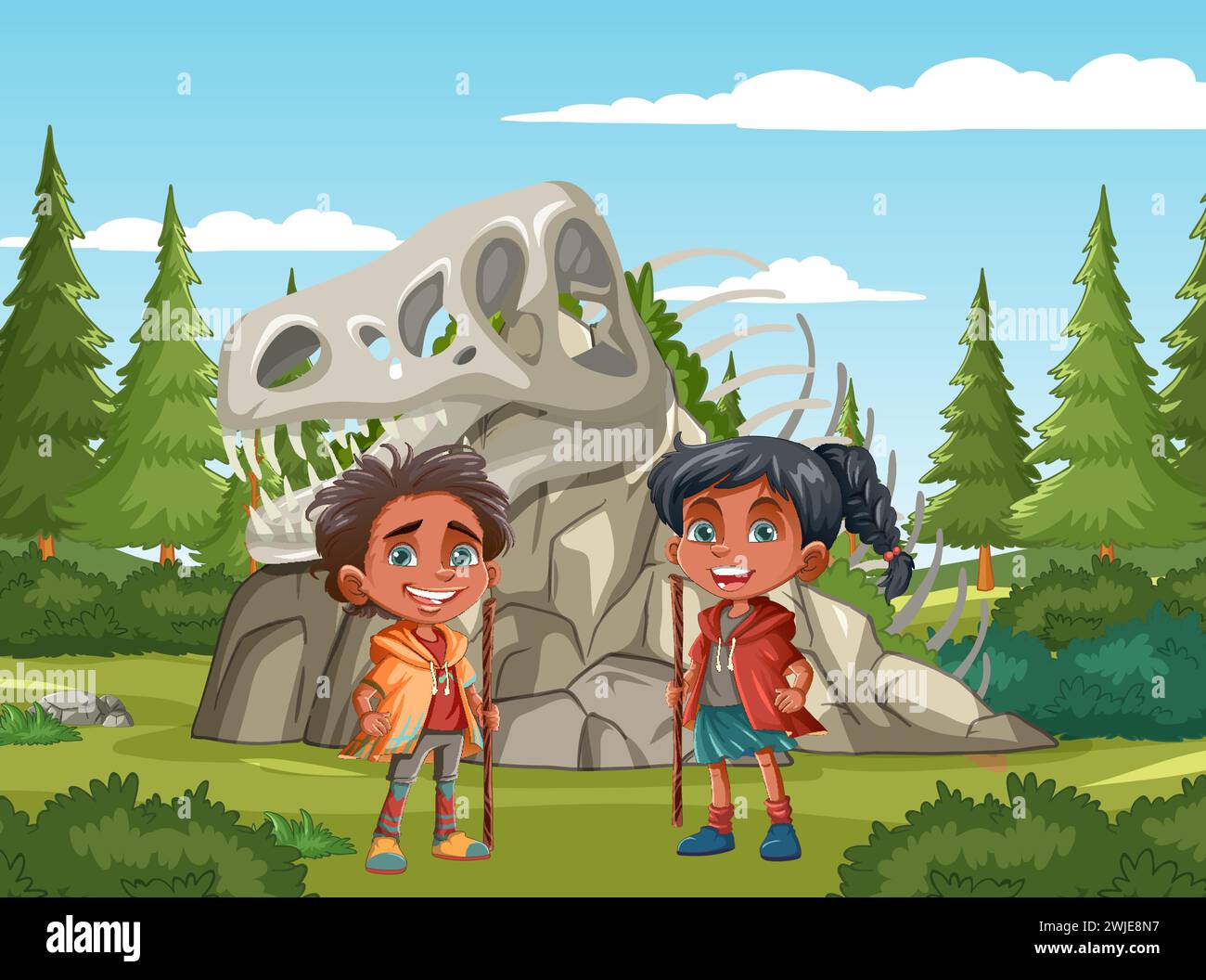 Two children exploring a dinosaur-themed park Stock Vector Image & Art ...