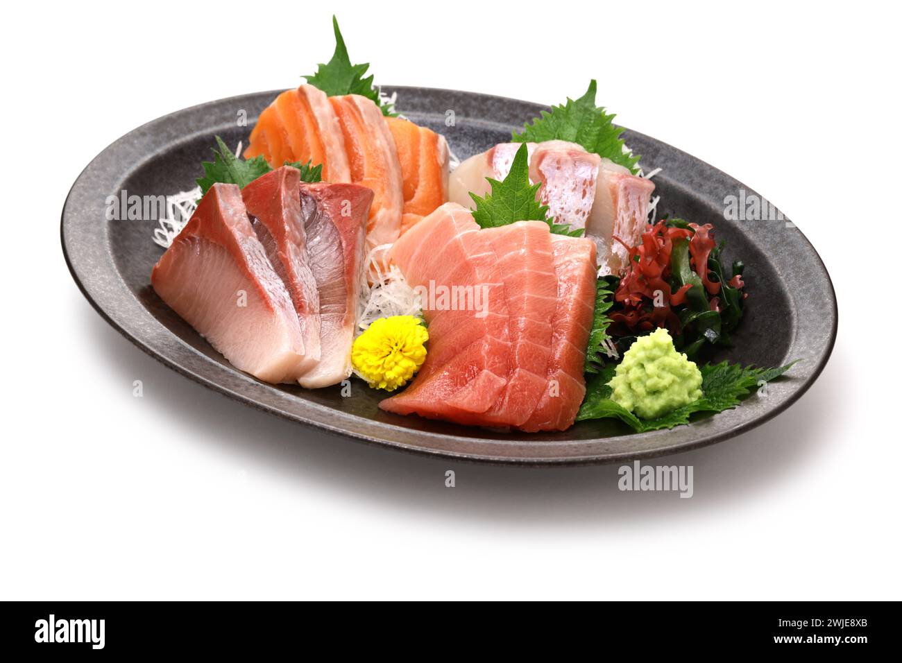 assorted sashimi; tuna(medium fatty), salmon, yellowtail, and sea bream. authentic Japanese ...