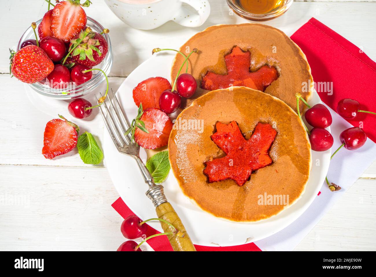 Canada Day concept, brunch menu background. Stack of red and white ...
