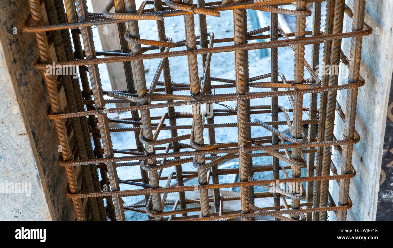 Reinforcement rebar steel rods of a column ready for concrete pouring ...
