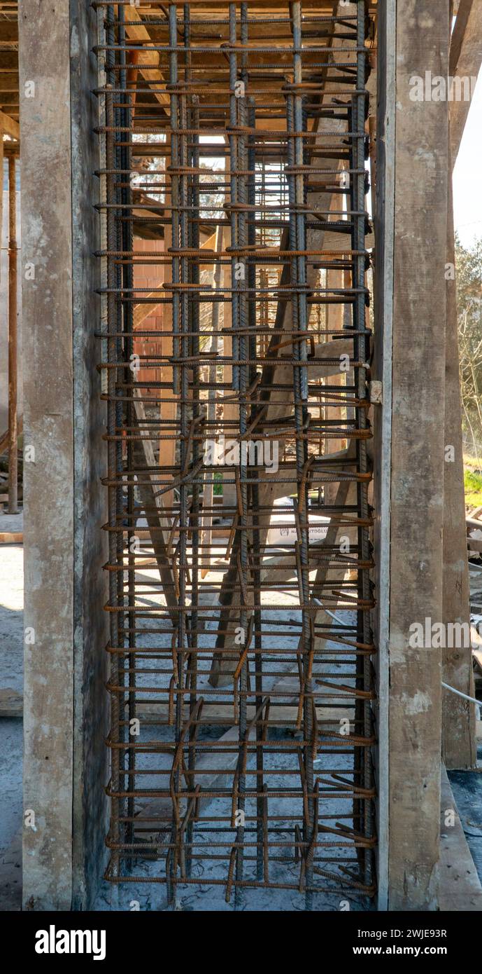 Reinforcement rebar steel rods of a column ready for concrete pouring ...