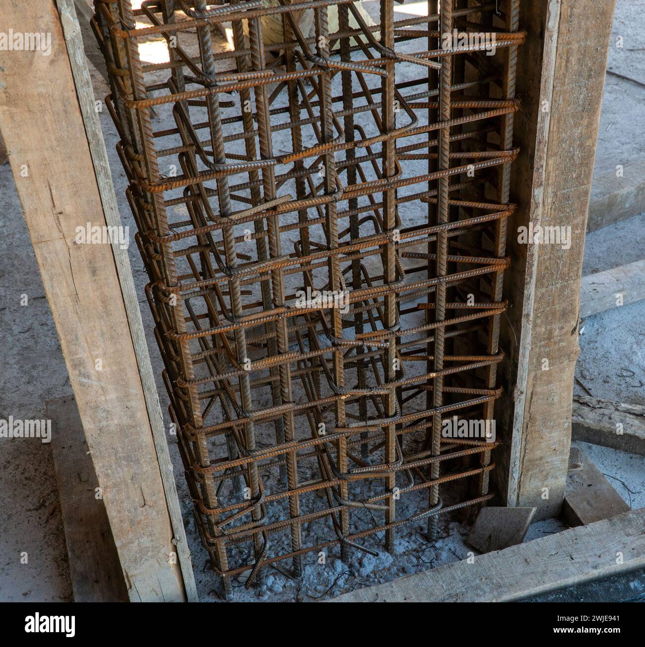 Reinforcement rebar steel rods of a column ready for concrete pouring ...