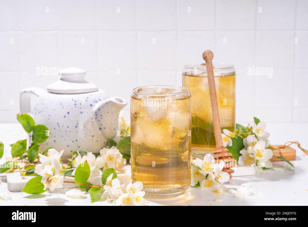 Organic herbal health summer cold drink. Jasmine flowers green tea, in ...