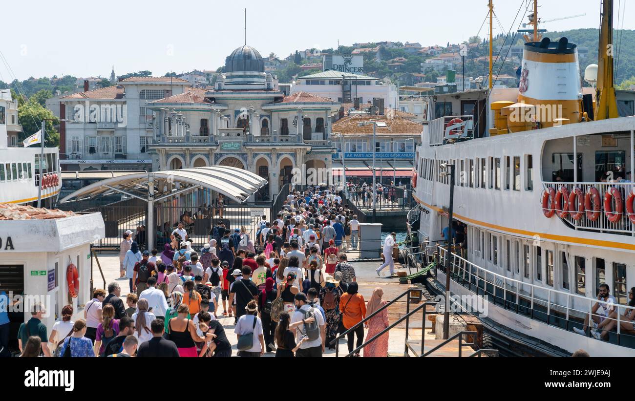 Istanbul, Turkey - 17 August 2022: Tourists getting off the ferry ...